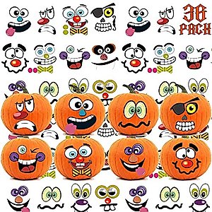 36 Packs Halloween Pumpkin Decorating Stickers, 18 Sheet Pumpkin Face Stickers in 12 Designs for Halloween Party Supplies Trick or Treat Party Favors