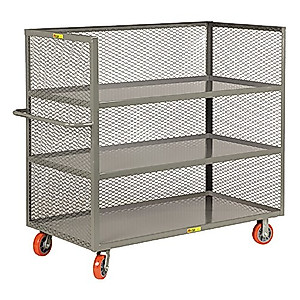 Little Giant T3L-2448-6PY 3-Sided Shelf Trucks, Mesh Sides, 2 Shelves, 6" Polyurethane, 3600 lb. Capacity, Retaining Lips, 24" Width x 48" Length, Gray