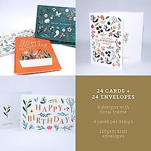 CARDAMONOLY Floral Birthday Cards for Women - 24 Vibrant Designs for Happy Birthday Card - 6 Designs with Round Stickers and Matching Kraft Envelopes - Birthday Cards Bulk Sized 6 x 4