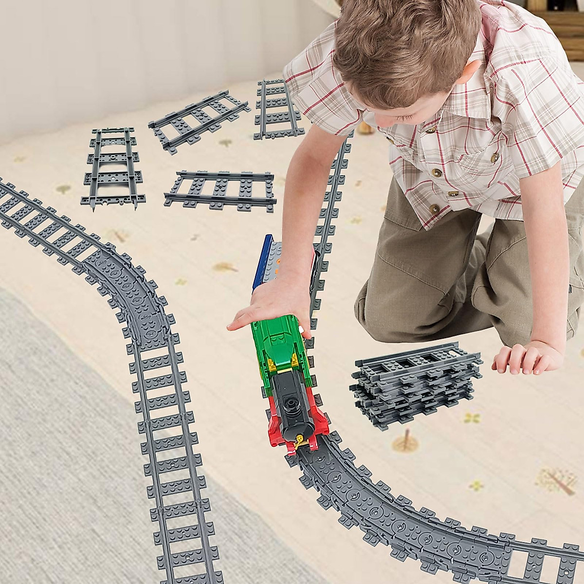 56pcs City Train Tracks Toy Straight and Flexible Train Track Railway Extension Building Set Block Toy Compatible with Major Brand (36 Straight and 20 Flexible)