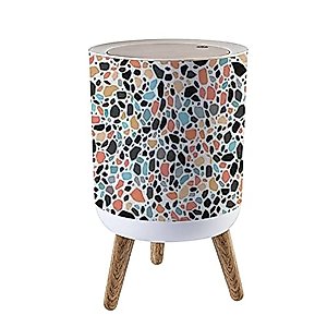 Small Trash Can with Lid Terrazzo floor seamless Mosaic stone pool texture Antique style cement Round Garbage Can Press Cover Wastebasket Wood Waste Bin for Bathroom Kitchen Office 7L/1.8 Gallon