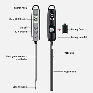 TempPro E16 Digital Meat Thermometer Instant Read Cooking Food Thermometer with Long Probe for BBQ Grill Smoker Oven Deep Fry Candy Kitchen Thermometer, Silver