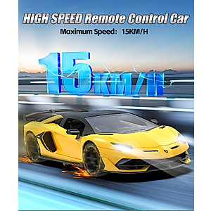 AEROQUEST Lamborghini Remote Control Car, 1:14 Scale Lamborghini SVJ Toy Car Officially Licensed 15 KM/H RC Cars with LED Light, 2.4Ghz Model Car for Boys,Girls,Teens and Adults Birthday Gift, Yellow