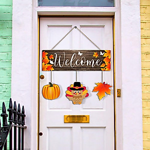 Thanksgiving Door Sign,Thanksgiving Turkey Hanger for Front Door,Fall Turkey Pumpkin Welcome Hanging Decorations, Thanksgiving Day Autumn Wooden Wreath Wood Plaque for Fall Harvest Party Decor