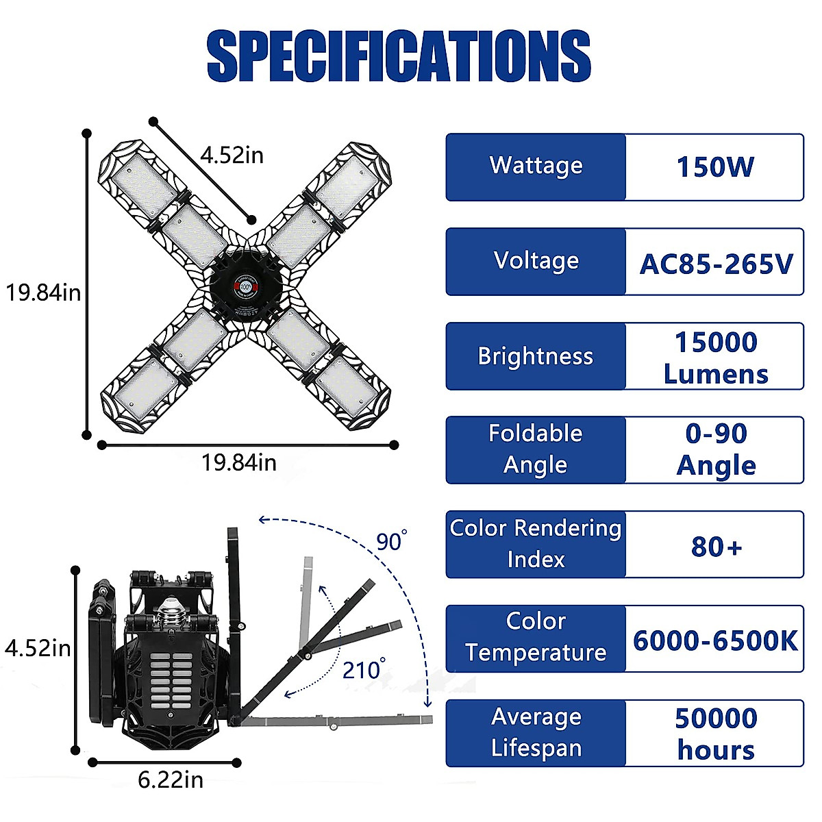 Garage Led Lights 2 Pack, 100W Super Bright LED Garage Lighting, 15000LM, 6500K LED Garage Ceiling Lights with E26/E27 Base, Easy Installation, 8-Leaf Deformable Lights for Garage, Workshop, Warehouse