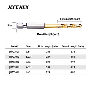 JEFE HEX 1/4" HSS Twist Titanium Drill Bits, Hex Shank for Quick Change, 135 Degree Easy Cut Split Point Drill Bit for Steel, Copper, Aluminum, Zinc Alloy, Wood, and Plastics (Pack of 6).