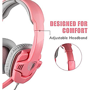 SADES SA708GT Stereo Gaming Headset for Xbox One, PS4, PC, Mobile, Noise Cancelling Over Ear Headphones with Mic & Bass Surround Soft Memory Earmuffs for Laptop Nintendo Switch Games-Pink