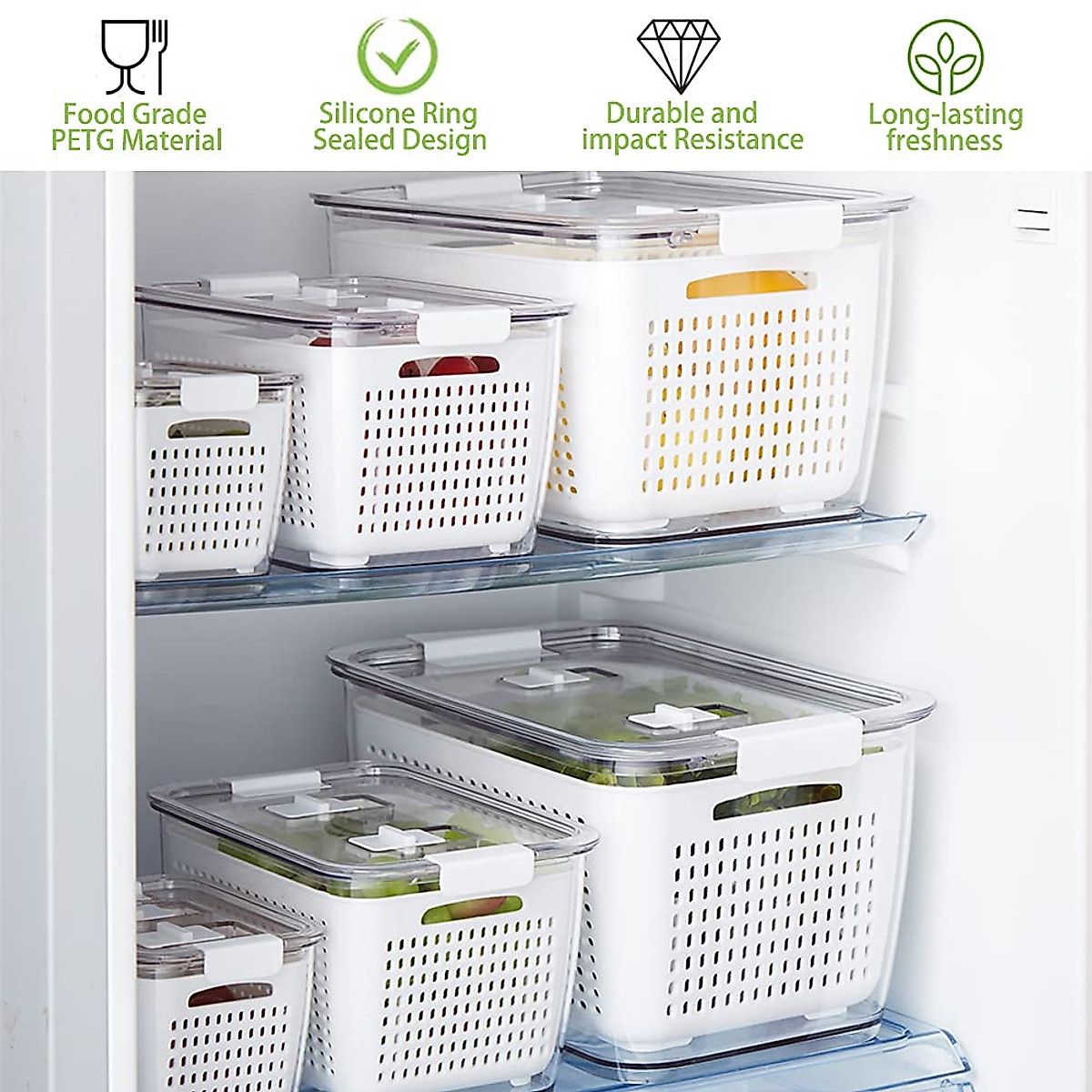 HIEEY 6pack-Drain basket 6-Piece Fruit Storage Containers for Fridge with Strainer,Produce Containers for Fridge,Lettuce Keeper,White (Not Dishwasher Safe) | BPA-Free