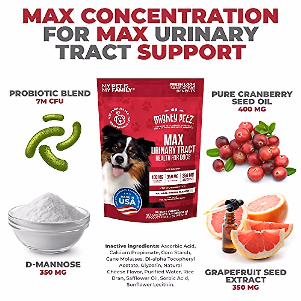Mighty Petz MAX Cranberry for Dog UTI Treatment - Urinary Tract, Kidney & Bladder Health Supplement. Advanced Vet Formula, D Mannose, Probiotics & Vitamin C. Supports Immune Response & Incontinence