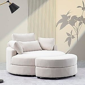 Oversized Accent Barrel Chair with Removable Headrest,Storage Ottoman and 4 Pillows, 51.2" Linen Upholstery Barrel & Armchair Leisure Club Cozy Round Sofachair for Home Apartment Hotel Living Room