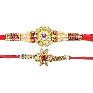 Palak Global Rakhi brass Bracelet, Unique designer Rakhi, Rakhi celebration with your Brother, Bhabhi/Sibling, Sister, Father & Family. Set of 2 (Fancy Rakhi with beautiful stones, Small)
