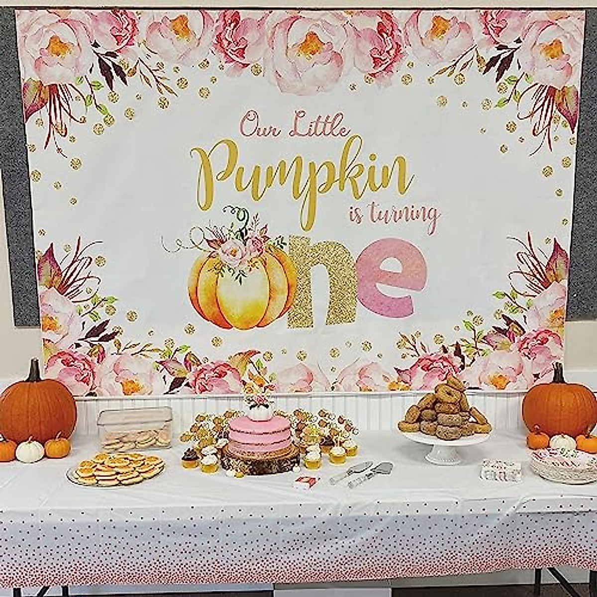 Avezano Pumpkin 1st Birthday Backdrop Floral Litttle Pumpkin First Birthday Background Fall Autumn Girl Pink and Gold Dots Pumpkin Birthday Background (8x6)