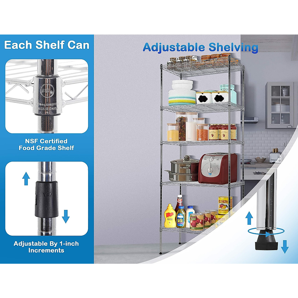 5-Tier Metal Wire Shelving Unit Tall Shelf Storage Rack NSF Certified Storage Shelves 500 Lbs Capacity Standing Utility Shelf for Laundry Kitchen Pantry Garage Organization Snack Shelf