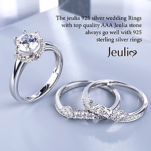 Jeulia 3PC Ladies Classic Round Cut Sterling Silver Rings Set Engagement Anniversary Wedding Band Ring Set With Jewelry Gift Box for Women (5.5)