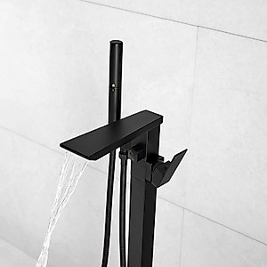 RUMOSE Matte Black Bathtub Filler Freestanding Tub Filler Floor Mount Tub Faucet Waterfall Free Standing Bathtub Faucet High Flow Brass Bath Shower Faucets with Handheld Sprayer