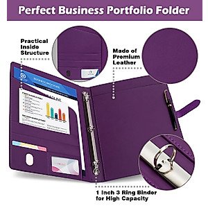 Leather Padfolio 3 Ring Binder (1 inch Round Ring) for Letter Size (11" x 8.5"), Business Portfolio Folder for Interview, Conference and Presentation, Purple