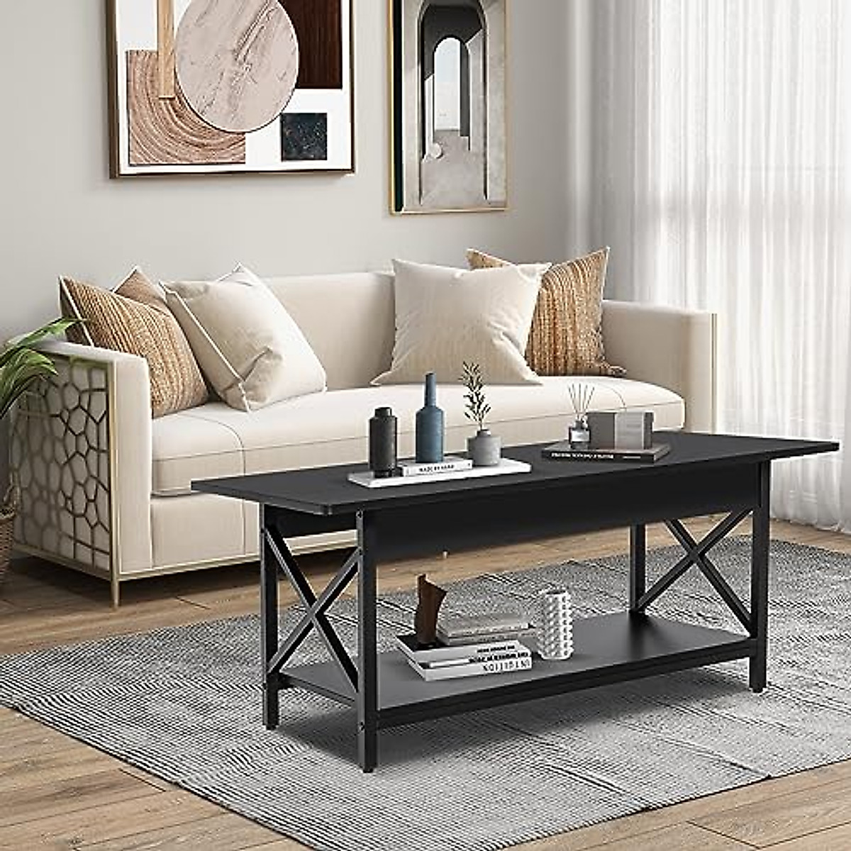IFANNY Coffee Table, 44" Rectangle Cocktail Table with Storage Shelf, Industrial Accent Table with Metal Frame & Adjustable Foot Pads, Wood Center Table for Living Room, Home Office (Black)