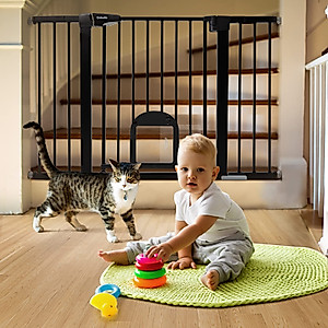 Babelio 29-48" Extra Wide Baby Gate with Adjustable Cat Door,Easy Install Pressure/Hardware Mounted,Auto Close Pet door for Stairs,House,Doorways,Effortless Walk Thru,Black