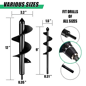 Auger Drill Bit Set(2 PCS  3.2"D x12"L&1.6"D x9"L) Garden Spiral Drill Bit Auger Post Hole Digger for Planting Bulb Flower, Tulips, Iris, Post Umbrella Hole Digger for 3/8” Hex Drive Drill Bulb Planter, Digging Weeds Roots