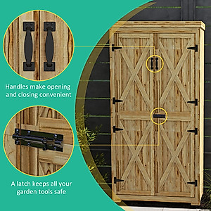 Outsunny Wooden Garden Shed, Outdoor Storage Cabinet with Waterproof Galvanized Metal Roof, Narrow Tool Shed with 3 Shelves and Lockable Door, Natural