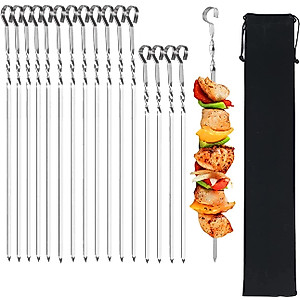 SRXING Metal Kabob Skewers,Flat Skewers for Grilling(12Pcs 15 inch and 4Pcs 13.5 inch) BBQ Barbecue Skewer Stainless Steel Shish Kebob,Reusable Sticks Set for Grilling