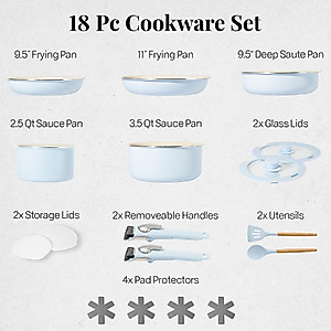GOTHAM STEEL 18 Pc Removeable Handle Pots and Pans Set Non Stick, Kitchen Cookware Sets, Ceramic Cookware Set, Non Toxic, Nesting Camping Cookware, Oven and Dishwasher Safe - Blue