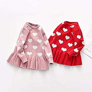 Toddler Baby Girl Valentine's Day Outfit Long Sleeve Heart Knitted Ruffle Sweater Dress Valentine's Day Clothes (Red, 3-4T)