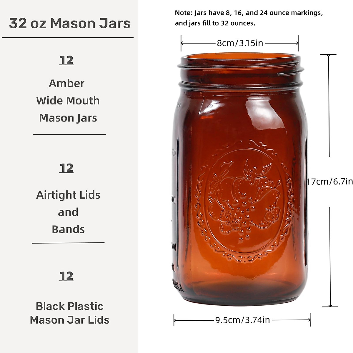 Jumterlee 12 Pack 32 oz Amber Mason Jars, Wide Mouth Mason Jars with Lids and Bands and 12 Black Plastic Mason Jar Lids, Amber Glass Mason Jars