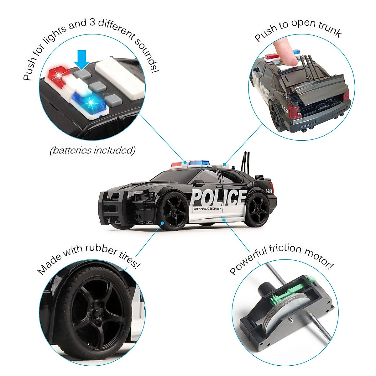 Vokodo Police Car Friction Powered 1:20 Scale with Lights Sirens and Sounds Durable Kids Rescue Emergency City Cop Vehicle Push and Go Pursuit SWAT Toy Pretend Play Great Gift for Children Boys Girls