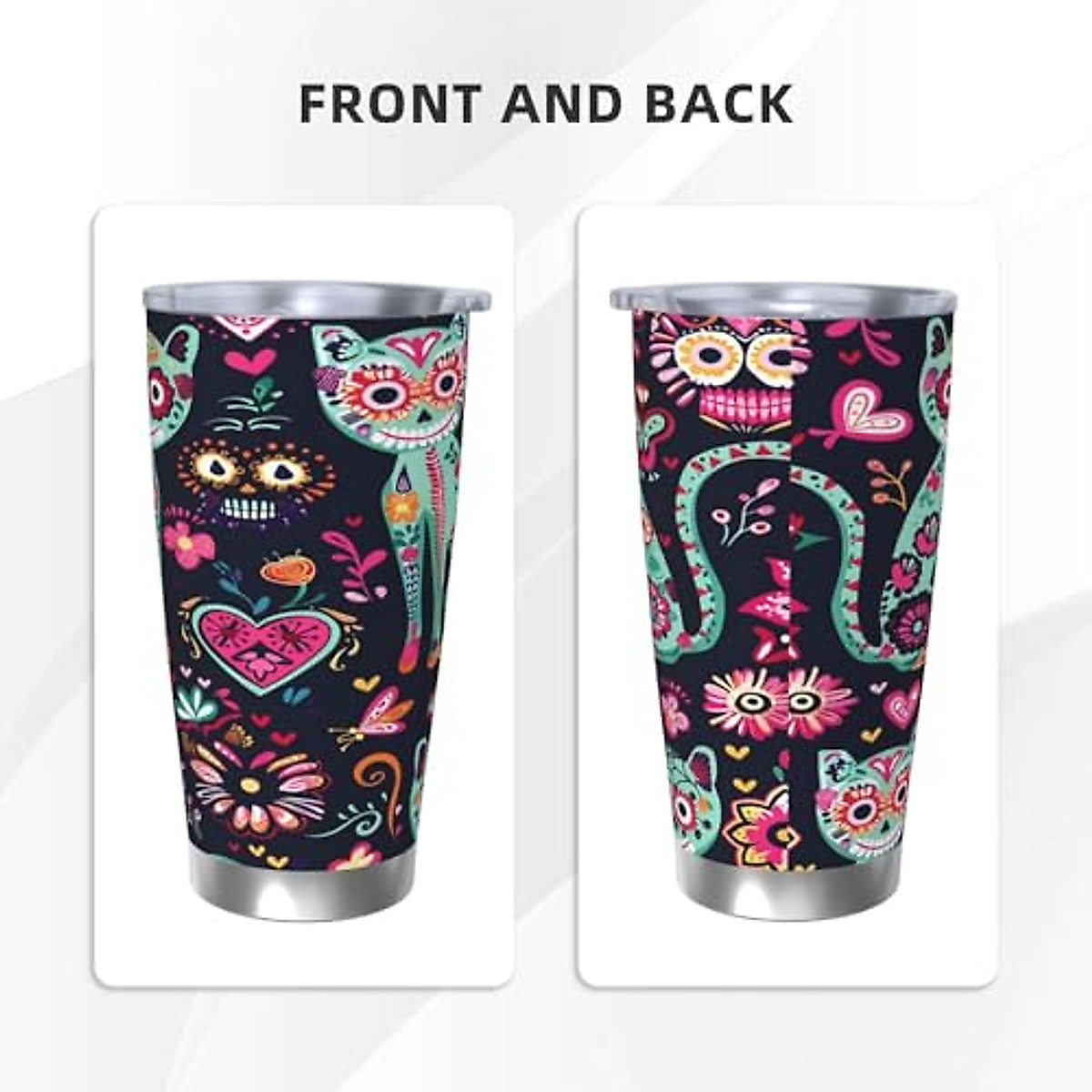 AYCZN Sugar Skull Cat 20 OZ Tumbler Stainless Steel Travel Coffee Mug, Mandala Flower Insulated Water Bottle with Lid Leakproof Thermal Cup