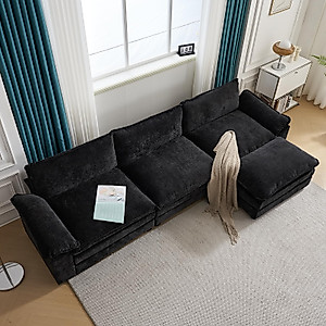 Karl home Sectional Sofa Modular Deep 3-Seat Sofa Couch with Ottoman, Chenille Sofa Sleeper Comfy Upholstered Furniture for Living Room, Apartment, Studio, Office, Black