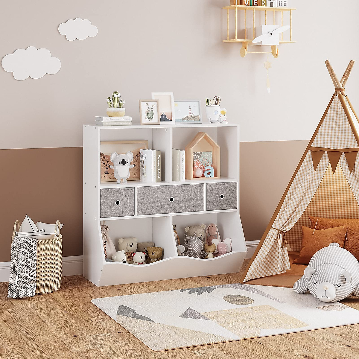 Amyove Kids Bookshelf and Bookcase Toy Storage Multi Shelf with Cubby Organizer Cabinet and Drawers for Boys Girls,for Children's Room, Playroom, Hallway, Kindergarten, School,Bedroom (White)