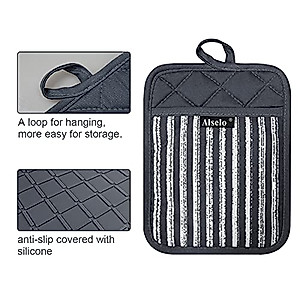 Alselo Silicone Pot Holders Set of 3 Heat Resistant & Non Slip Potholders, Professional Oven Hot Pads with Pockets Mitts for Kitchen Cooking Baking Barbecue