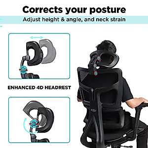 Kinna EK Ergonomic Office Chair, Home Office Mesh Chair with Adjustable 4D Headrest, 3D Armrest, Lumbar Support for Long Hours - High-Back Computer Chair with Tilt Function, 5-Year Warranty