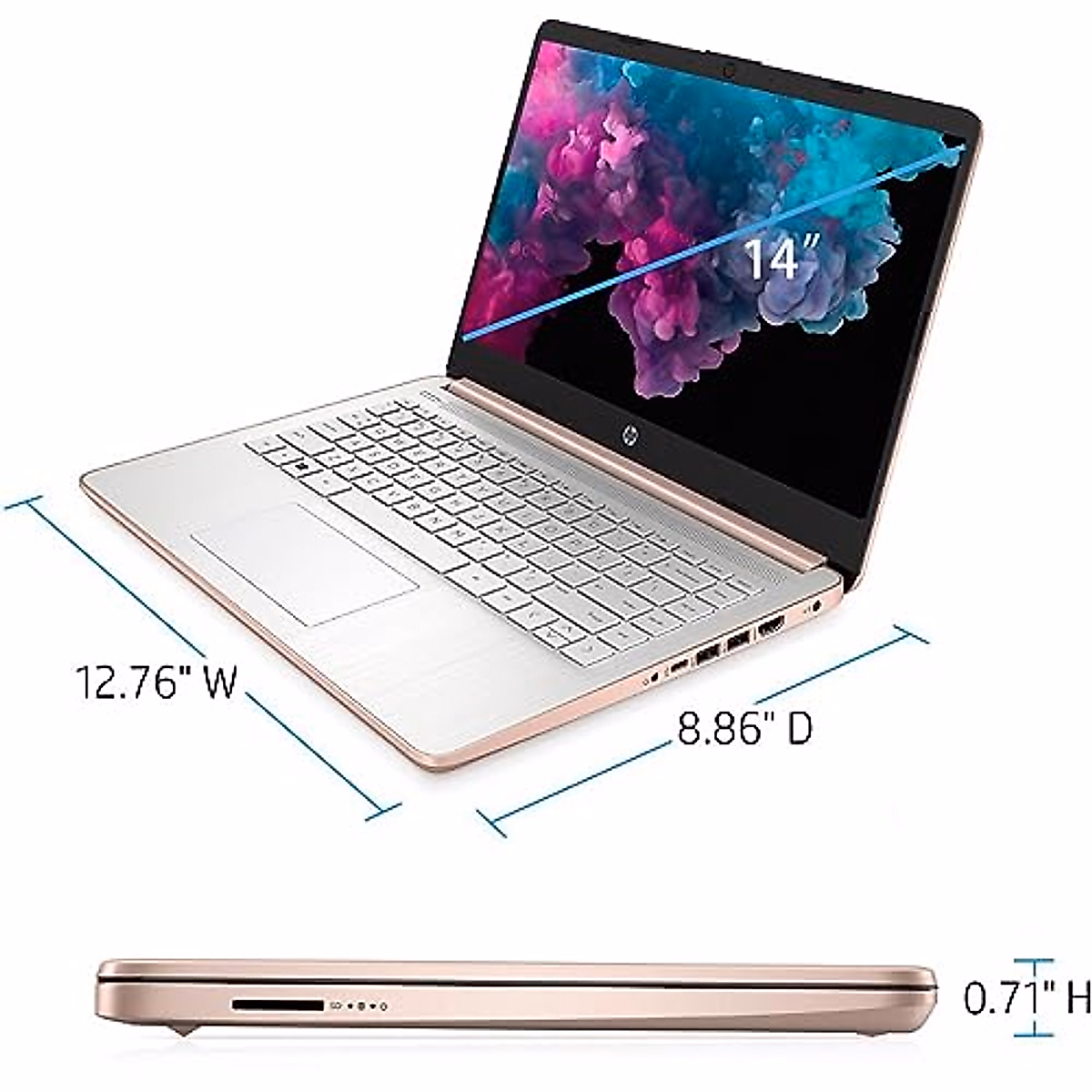 HP 14 Laptop for College Students, School, 14 Inch HD Display, Intel Celeron N4120, 8GB RAM, 192GB Storage (64GB eMMC + 128GB SD Card), Windows 11, 1 Year Office 365, Webcam, Rose Gold, PCM