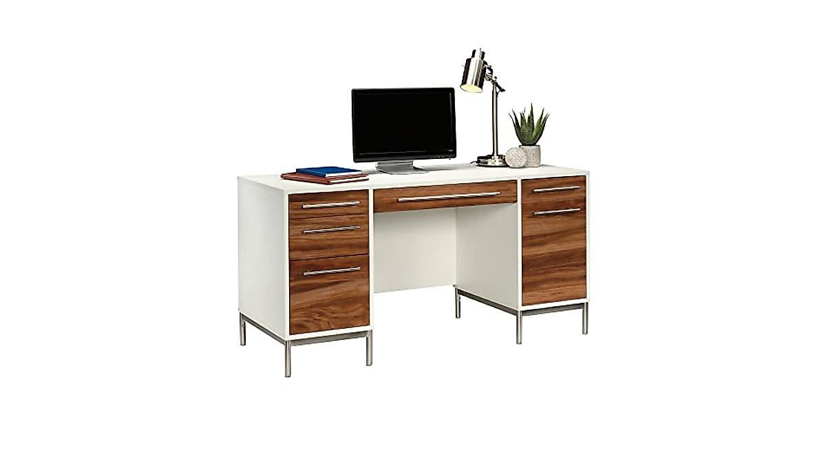 Sauder Vista Key 60"W Executive Desk - Stylish Pearl Oak & Blaze Acacia