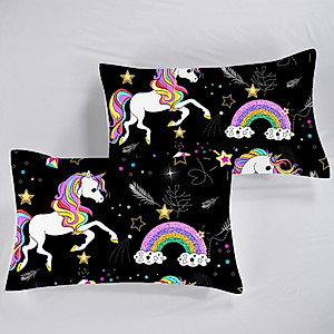 VTKON Black Unicorn Sheets Set Rainbow Unicorn Sheets Set Twin Unicorn Room Decor for Girls Twin Unicorn Bedding Set Includes 1 Flat Sheet + 1 Fitted Sheet + 1 Pillowcase