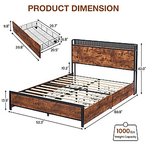 IDEALHOUSE Full Size Bed Frame with Storage Drawers and Charging Station, LED Light Full Bed Frame with Storage Headboard, Metal Platform Bed with Strong Wood Slats Support, No Box Spring Needed