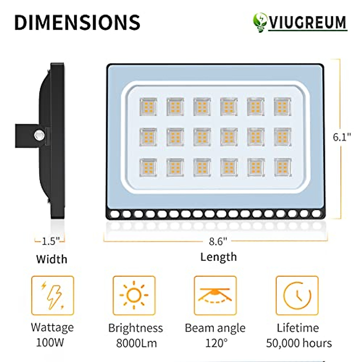 Viugreum 100W LED Flood Lights Outdoor, Waterproof IP65 Work Lights, 110V 10000LM Warm White(3000K), Super Bright Security Floodlights Wall Lights Landscape Lights with US Plug