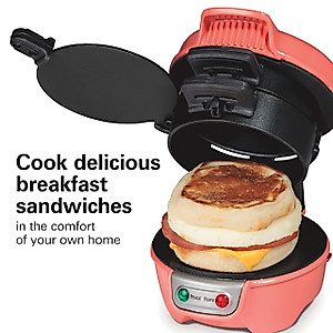 Hamilton Beach Breakfast Sandwich Maker with Egg Cooker Ring, Customize Ingredients, Perfect for English Muffins, Croissants, Mini Waffles, Perfect White Elephant Gifts, Coral (25483)