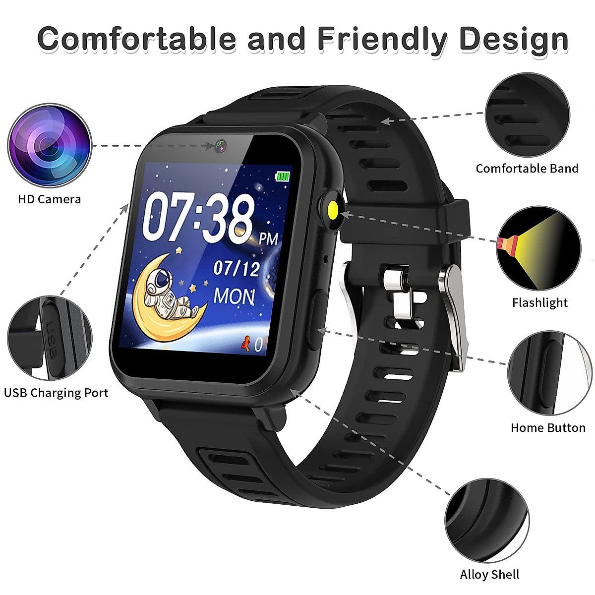 Phyulls Smart Watch for Kids, Smart Watch Toys with 24 Games Camera Video Recorder Music Alarm Calculator Calendar Flashlight Stopwatch Pedometer Gift Toys for 3-12 Years Old Boys and Girls (Black)