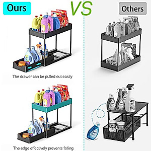DBDEIW Under Sink Pull Out Home Organizers and Storage,2 Tier Under Cabinet Organizer with Sliding Basket Drawer,Under-Sink Organizers with Hooks & Hanging Cups for Bathroom/Kitchen,Black