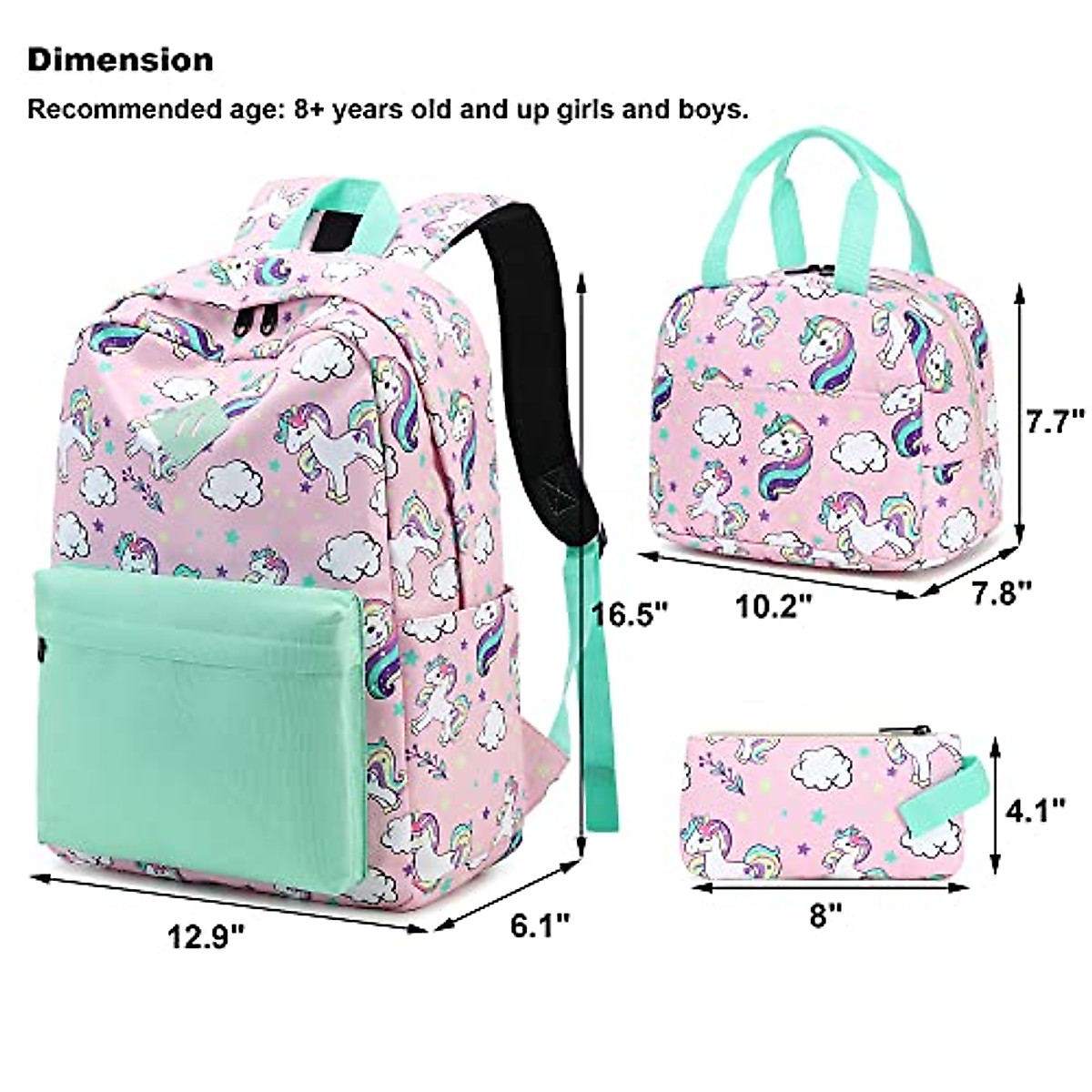 Unicorn School Backpack for Teen Girls, 3-in-1 Kids Backpack Bookbag Set School Bags with Lunch Box Pencil Case