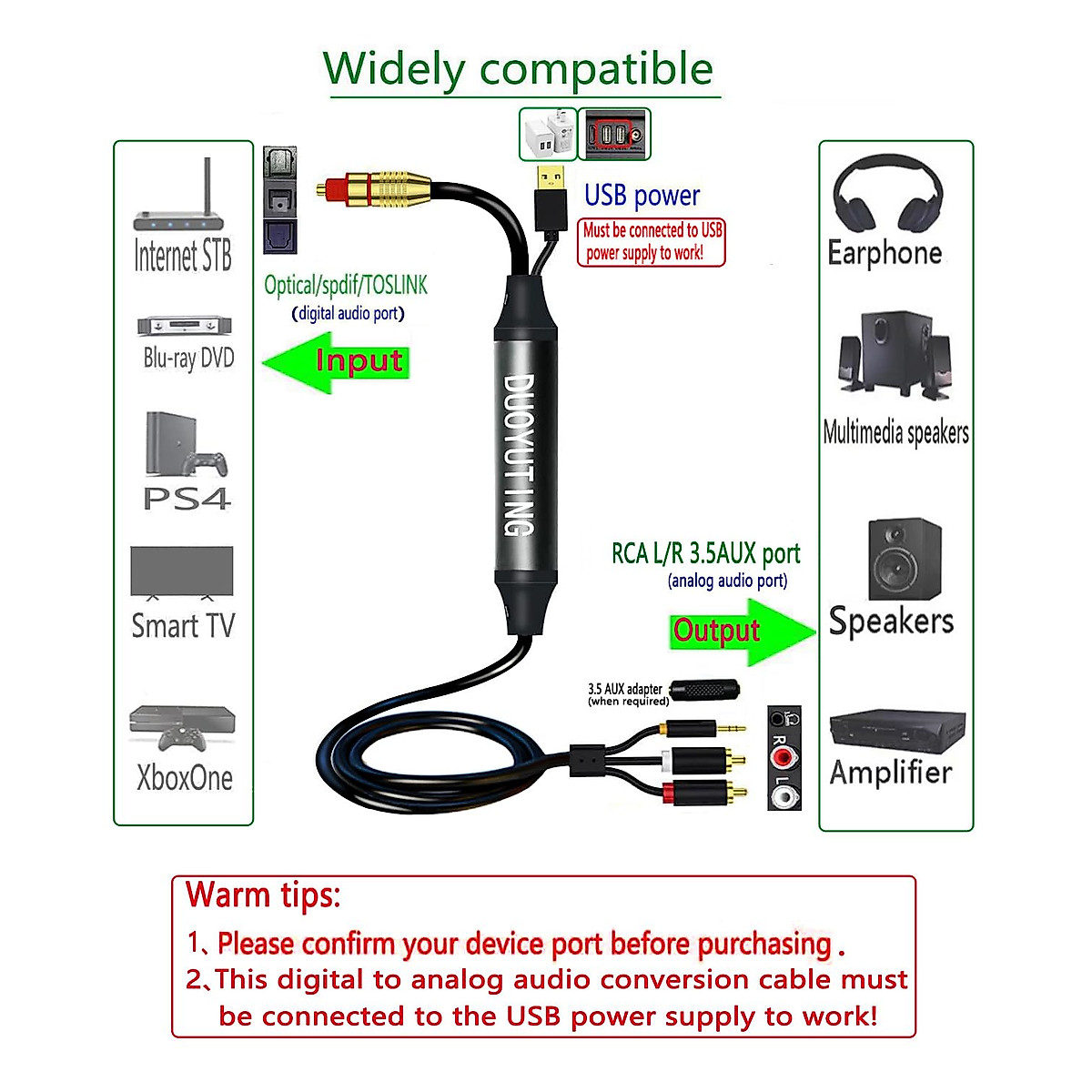 Digital Optical to Analog 3.5mm AUX Audio Cable, Optical to 2 RCA Adapter, All-in-one D/A Audio Converter, for TV/PS4/Xbox/DVD SPDIF/TOSLINK/Optical Port to Sound Box Amplifier Headphones (10ft).