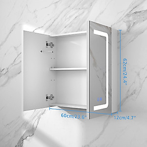 LALAHOO Bathroom Medicine Cabinet with Mirror, 23.6” x 24.5” Medicine Cabinets with Lights, Medicine Cabinet Mirror, Lighted Medicine Cabinet,Defog,3-Color Temper Change,Shelf