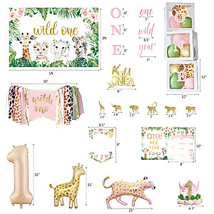 YSHMFEUX Wild one Birthday Decorations Supplies for Girl, 1st Birthday Girl Decorations, Jungle Safari Animal 1st Birthday Party Supplies, First Birthday Decorations for Girls