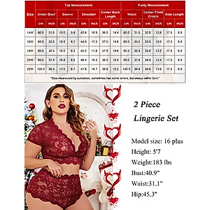 Avidlove Plus Size Lingerie Plus Floral Lace Scallop Trim Lingerie Set Deep V Allover Lace Bra Panties Set Sexy Clubwear (18W, 1 Wine Red)