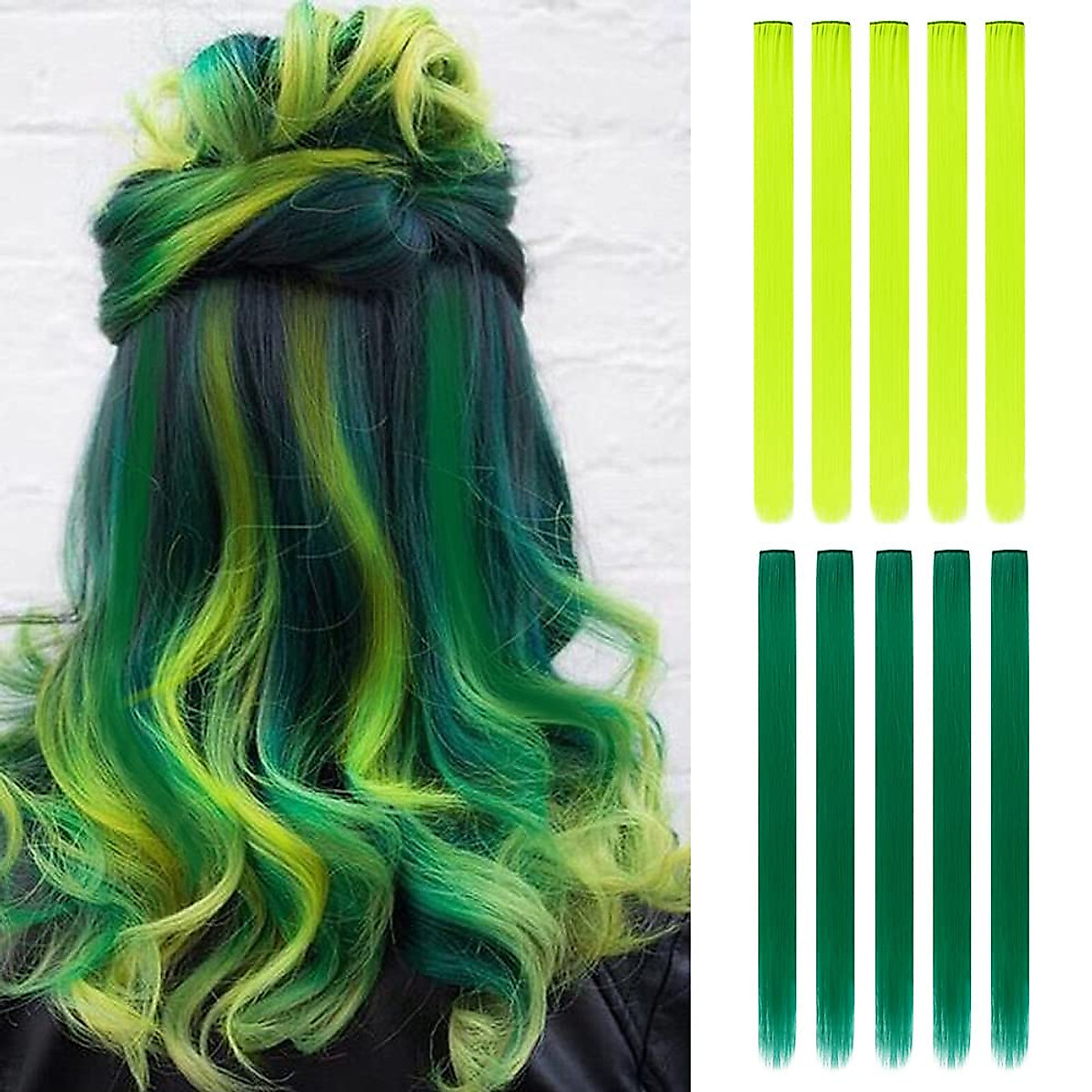 10Pieces 20Inch Colored Hair Extensions Clip In For Women Girls Hiar Accessories Wig Pieces Synthetic Hair Pieces (Green, Bright yellow)