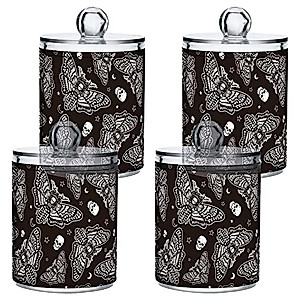 MNSRUU 4 Pack Qtip Holder Organizer Dispenser Moth Skull Moon Esoteric Bathroom Containers Bathroom Vanity Storage Canister Apothecary Jars for Cotton Swabs/Pads/Floss
