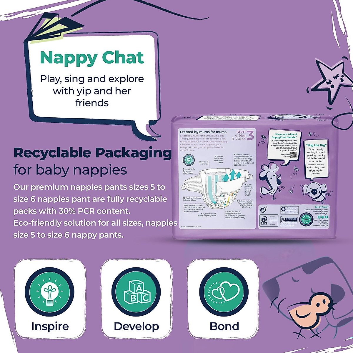 Mum & You Nappychat Premium Performance Eco Diapers, Size 3 (42 Diapers) Smart Tube Technology. Leak Protection. 100% Recyclable. Hypoallergenic, Dermatologically-Tested. No Lotion, Perfume or Dyes.